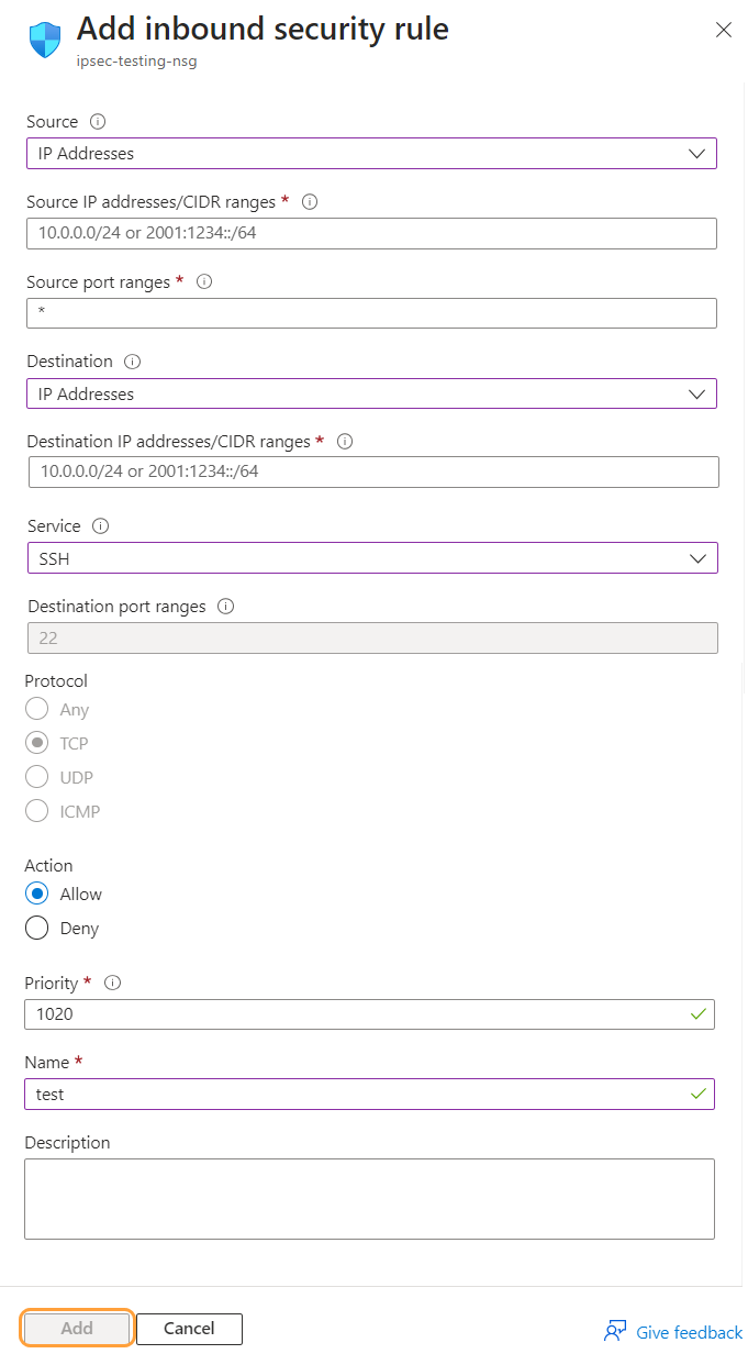 Configuring settings to add an inbound security rule.